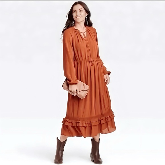 Knox Rose | Dresses | Knox Rose Boho Ruffle Long Sleeve Midi Dress Rust ...